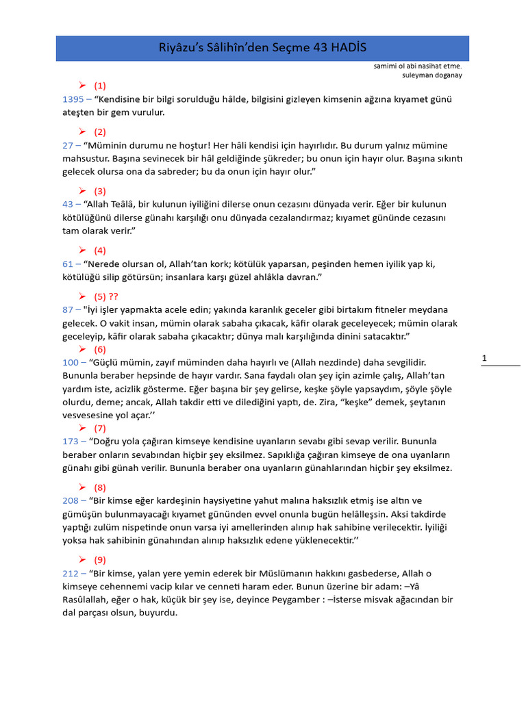 Riyazüs Salihin 43 Hadis Hadis2 | PDF
