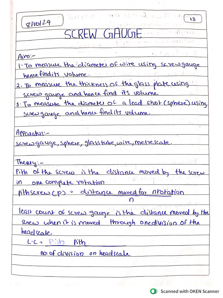 Plus Two Physics Lab SCREW GAUGE Hand Written | PDF