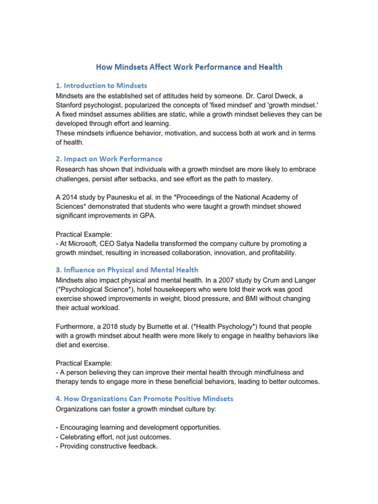Mindsets Work Performance Health | PDF | Mindset | Mental Health