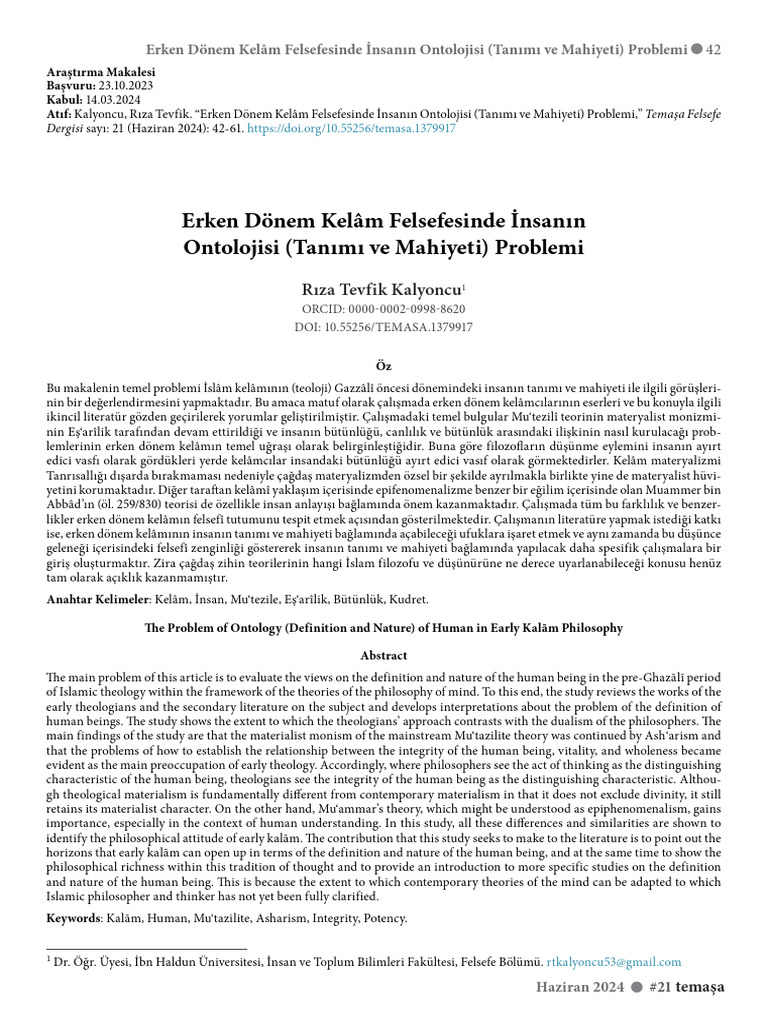 Erken Dönem Kelâm Felsefesinde İnsanın Ontolojisi (Tanımı Ve Mahiyeti) Problemi | PDF