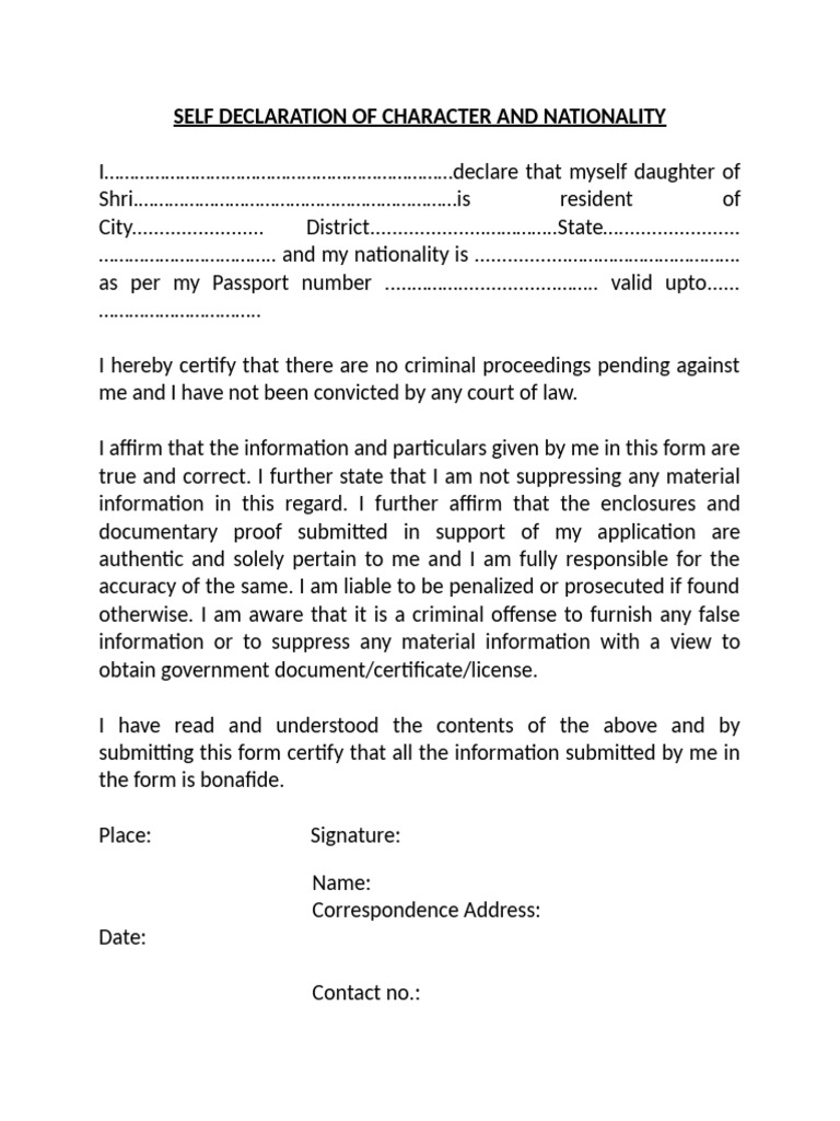Self Declaration of Character and Nationality | PDF