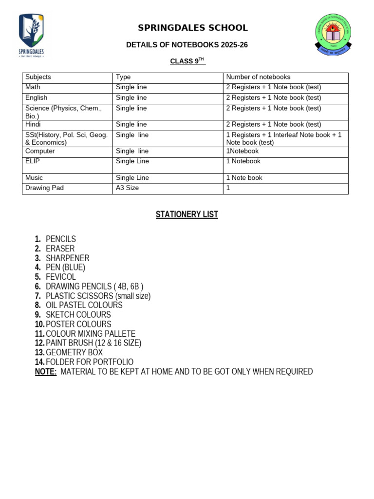Class 9 Notebook and Stationery List 2025-26 | PDF