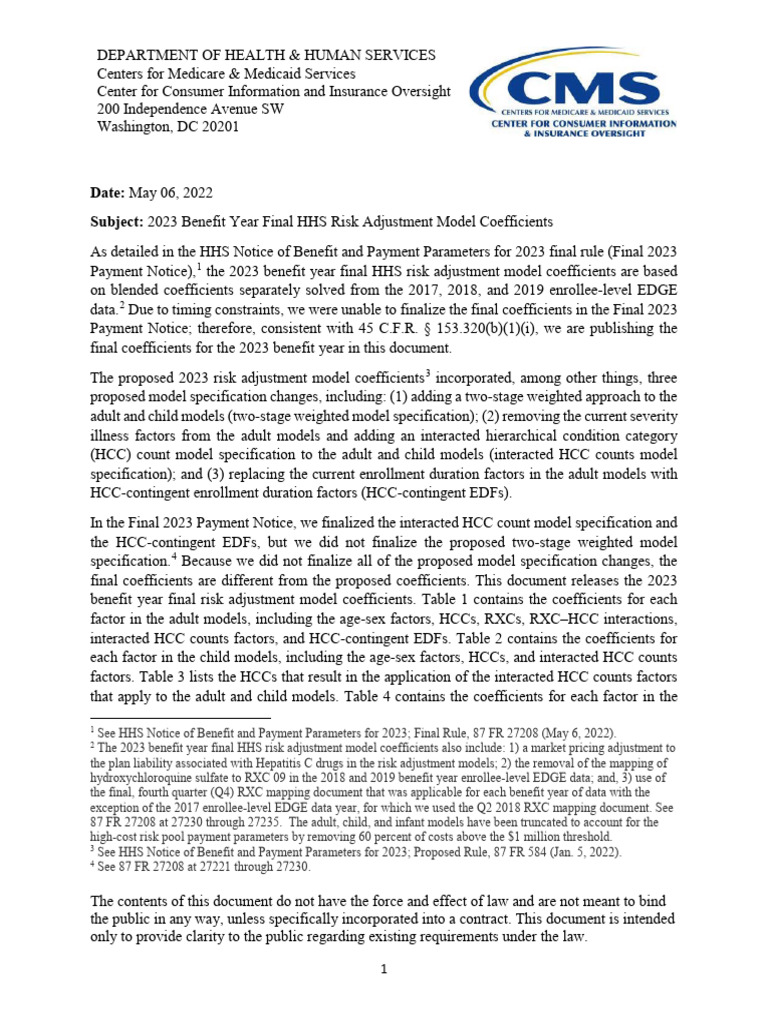 2023 Benefit Year Final HHS Risk Adjustment Model Coefficients | PDF ...
