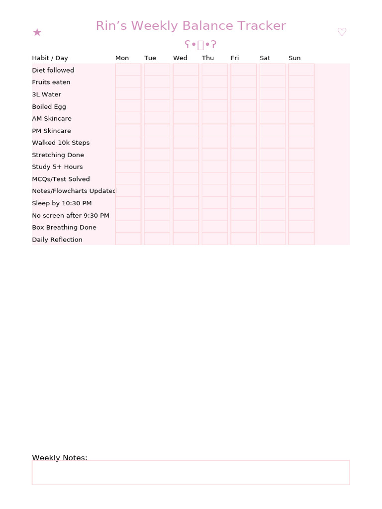 Rin Weekly Tracker Pink Cute | PDF