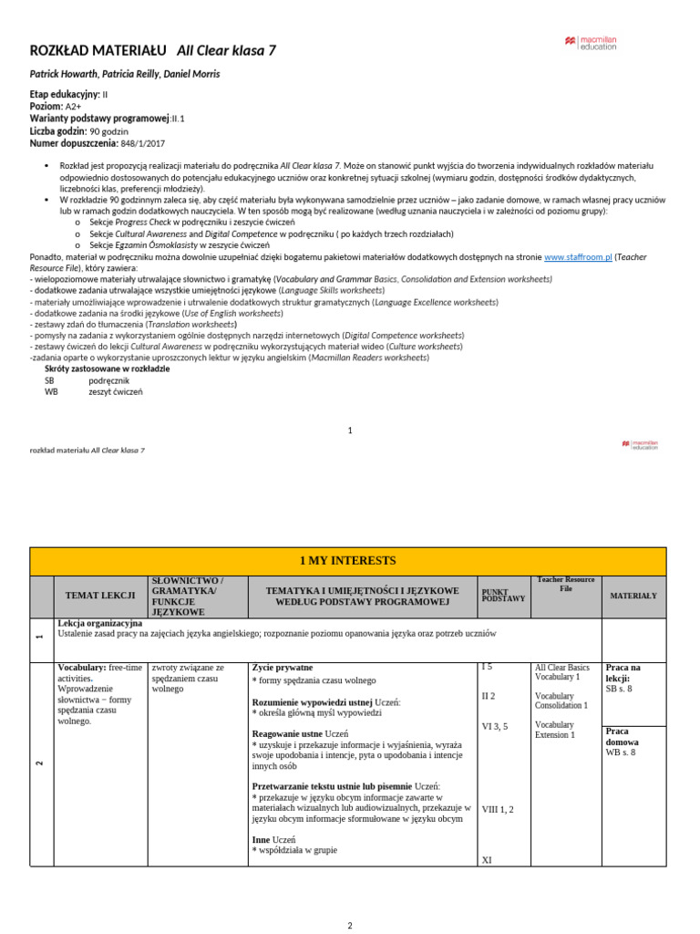 All_Clear_klasa7_rozklad_materialu_90h | PDF