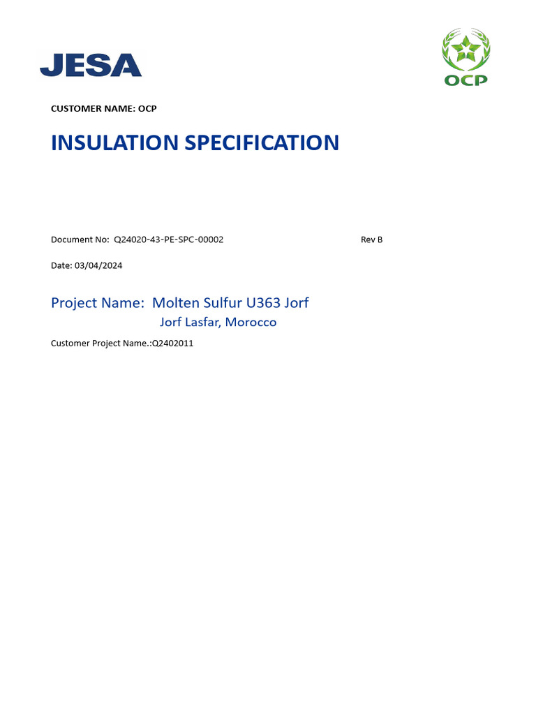 Insulation Specification for Molten Sulfur Project | PDF | Thermal ...