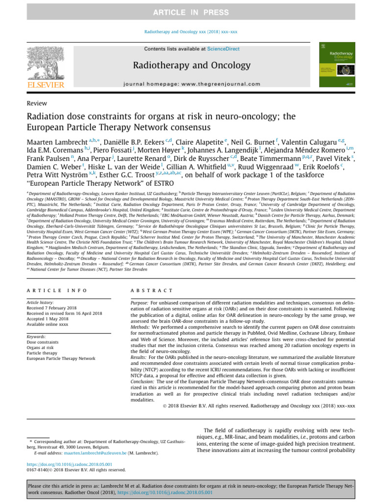 Radiation Dose Constraints For Organs at Risk in Neurooncology2018 ...