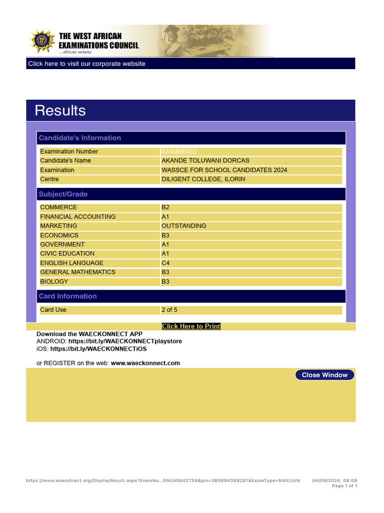 Waecdirect Online - Results | PDF
