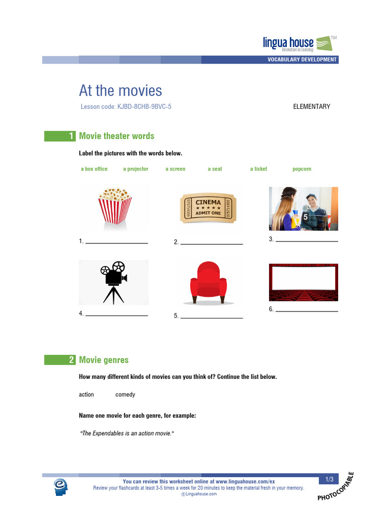 Movie Vocabulary Development Worksheet | PDF | Movie Theater