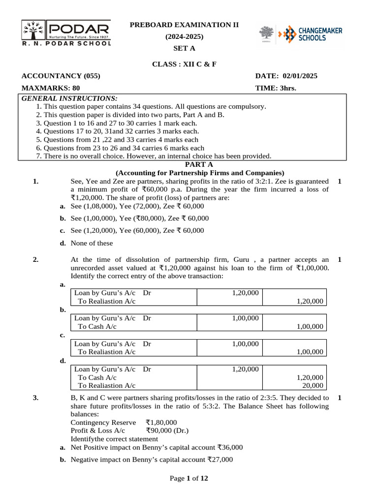 PB2 XII Acc QP SET A 2024-25 | PDF | Balance Sheet | Equity (Finance)