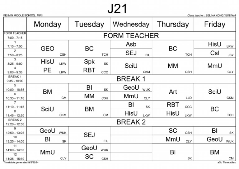 2024 - Timetable For Each Class | PDF