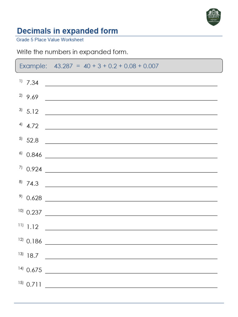 Grade 5 Place Value Decimals Expanded Form BCF | PDF