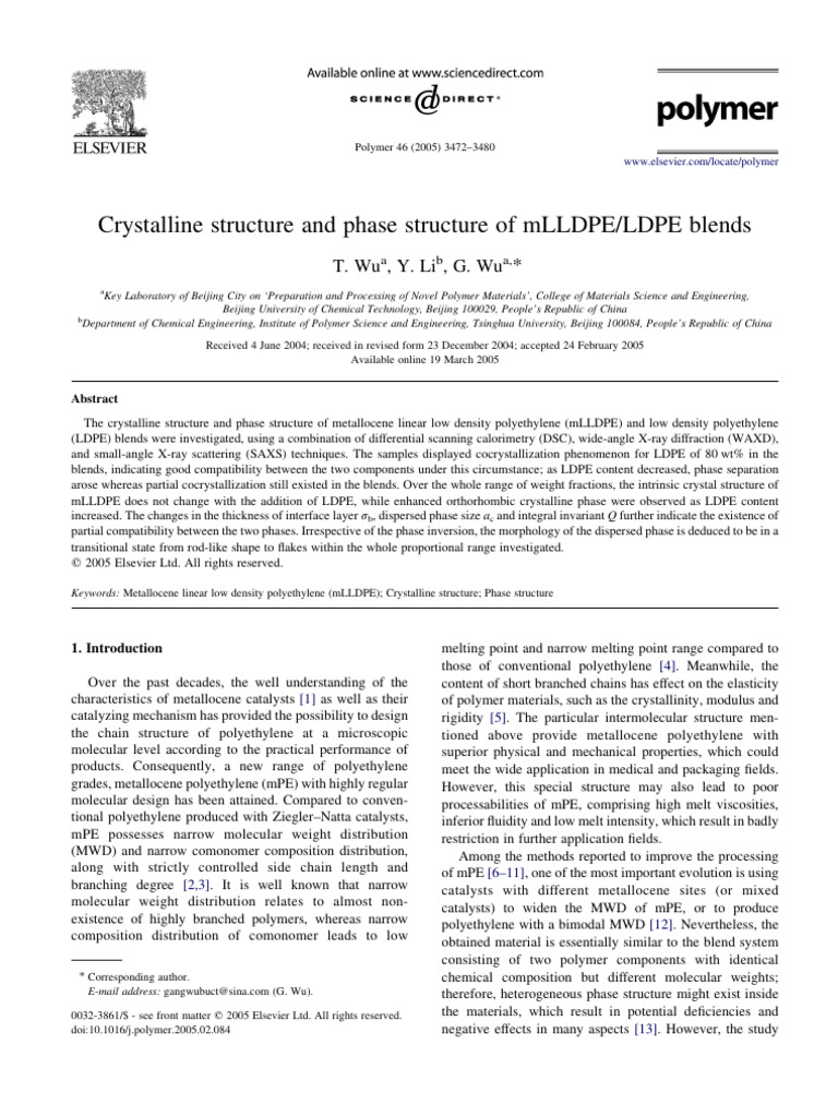 mLLDPE/LDPE Blends: Crystalline Analysis | PDF | Polyethylene ...