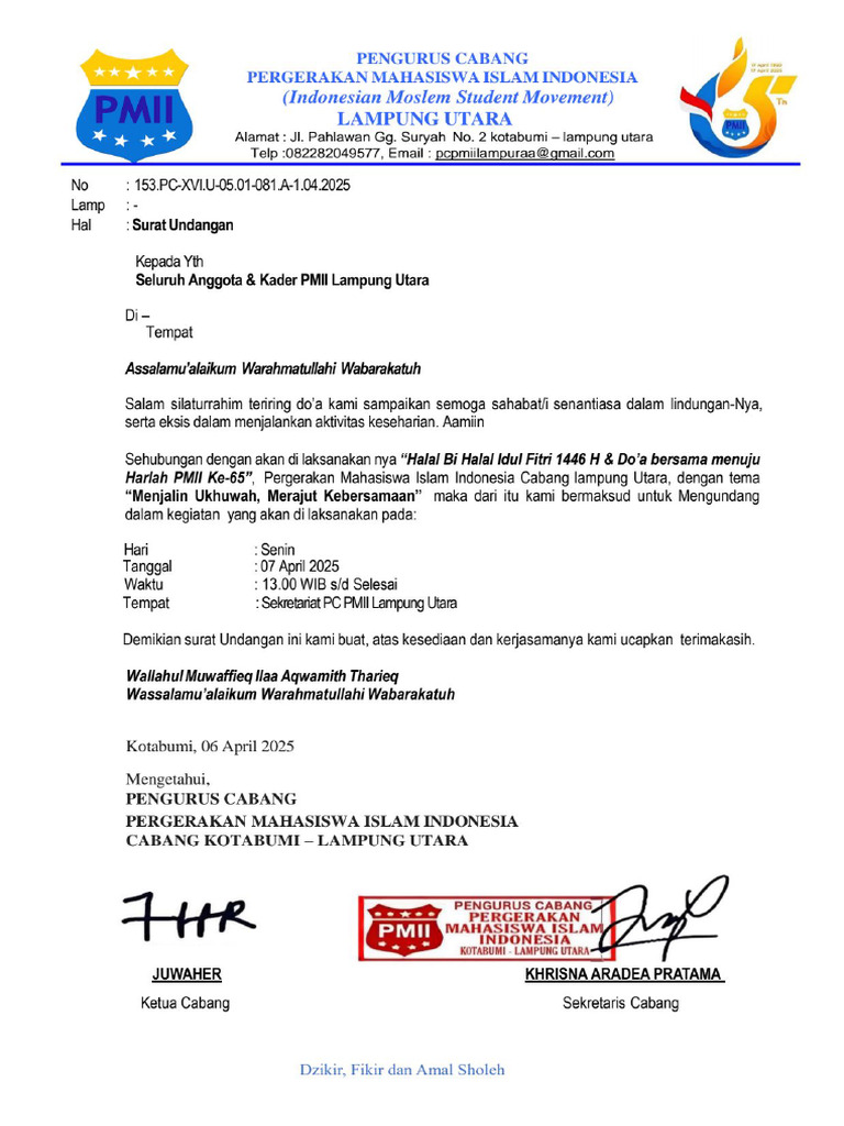 Undangan Anggota Dan Kader Pmii | PDF