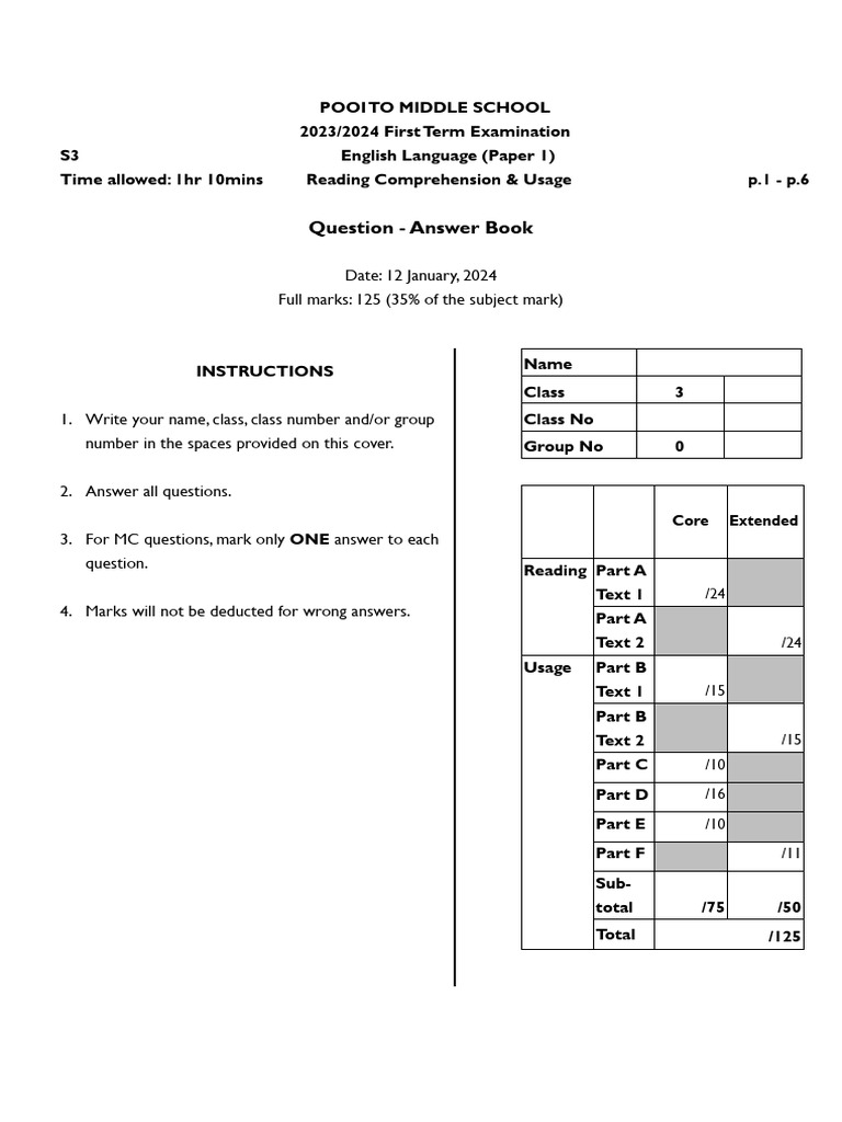2023-24 S3 First Term Reading Exam (Question & Answer Book) | PDF ...