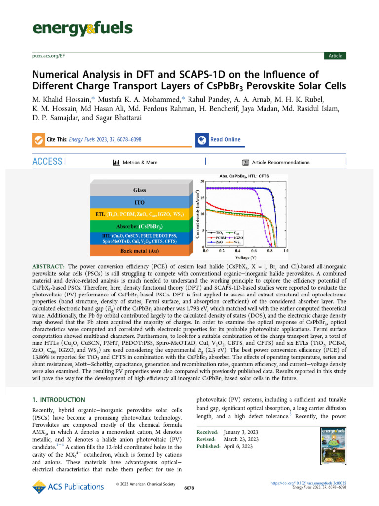 Hossain Et Al 2023 Numerical Analysis in DFT and Scaps 1d On The Influence of Different Charge ...