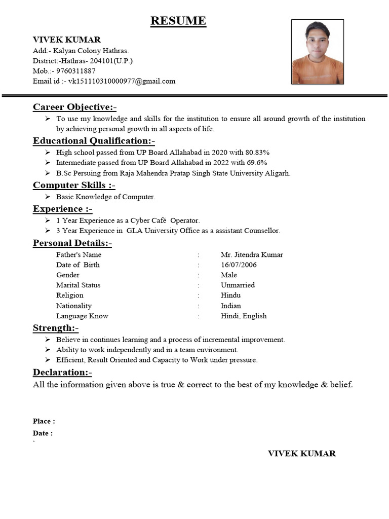 Resume of Vivek Kumar | PDF