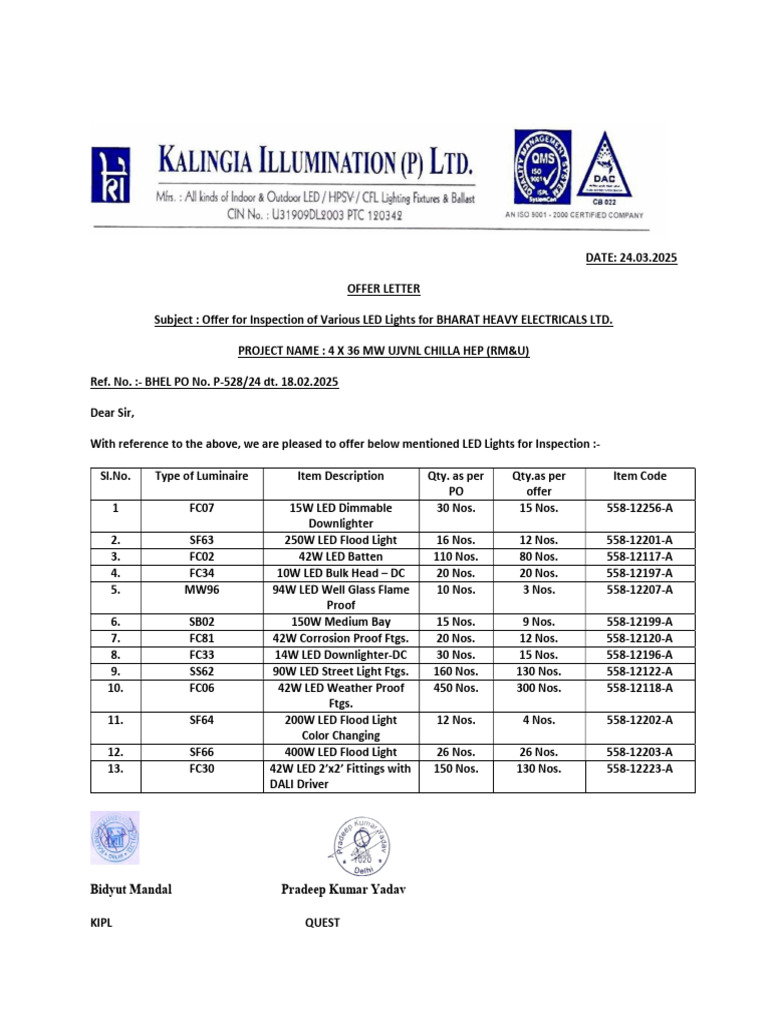 Inspection Call - Offer Letter - UJVNL Chilla Project dt.24.03.2025 ...