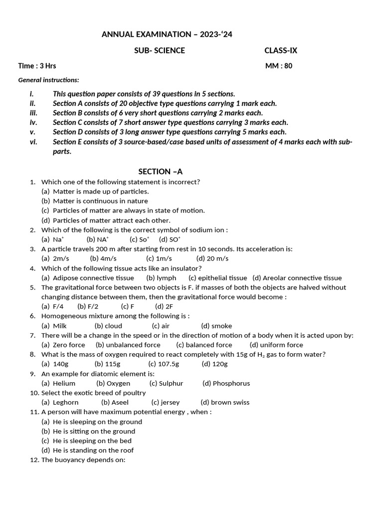 Class IX Science Annual Exam 2023-24 | PDF | Force | Gases