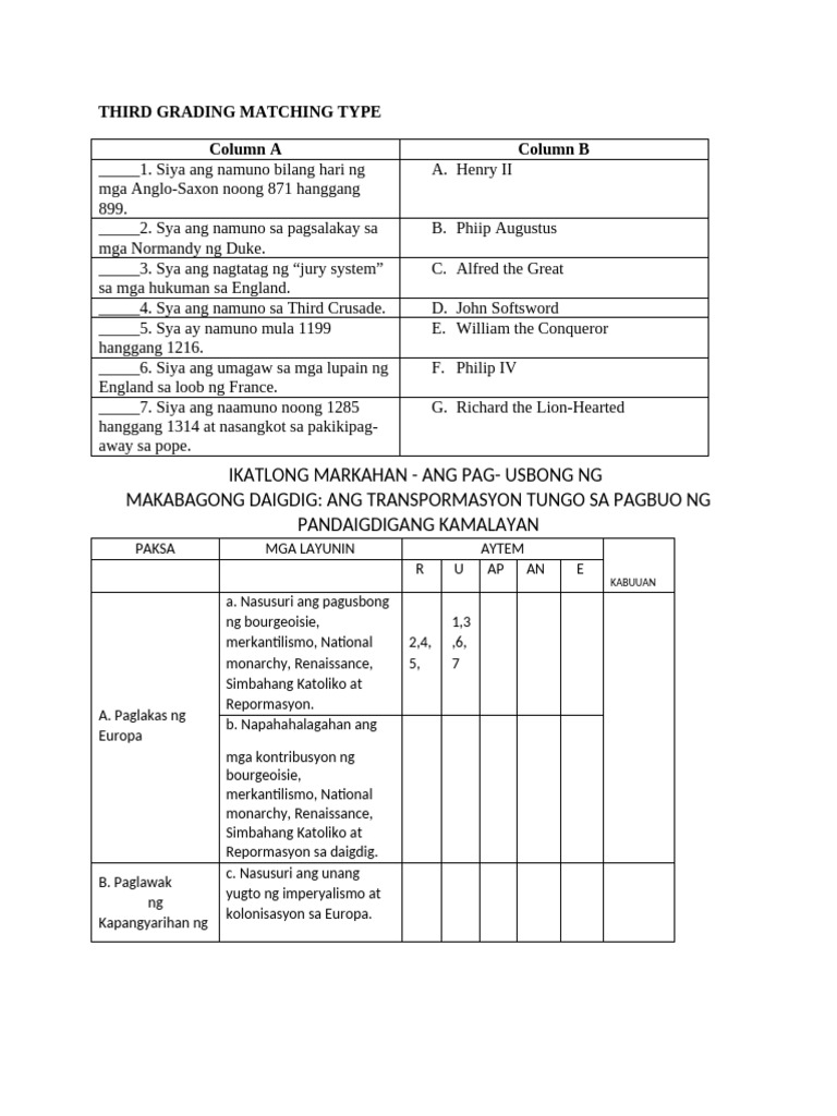 3rd Grading Matching Type | PDF