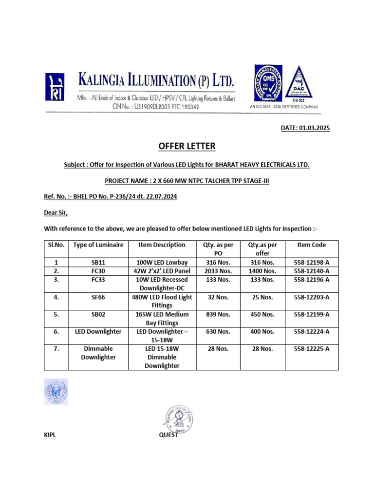 BHEL LED Lights Inspection Offer 2025 | PDF