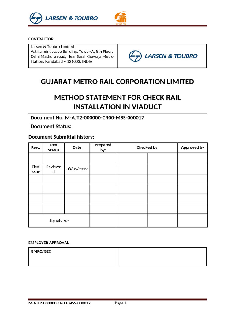 M-AJT2-000000-CR00-MSS-0000017 - 001 MS For Check Rail Installation at Plinth Track | PDF | Risk ...