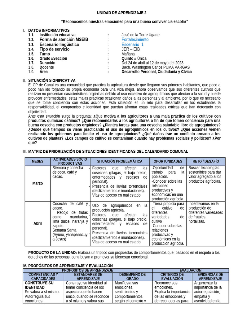 02 Unidad de Aprendizaje 1 DPCC - 5° 2024 | PDF | Las emociones | Aprendizaje