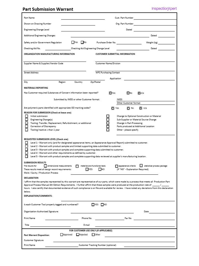 PPAP Part Submission Warrant | PDF