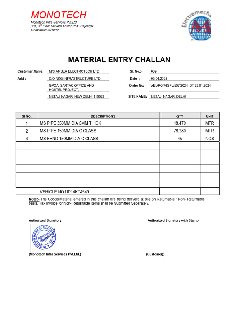 Monotech: Material Entry Challan | PDF
