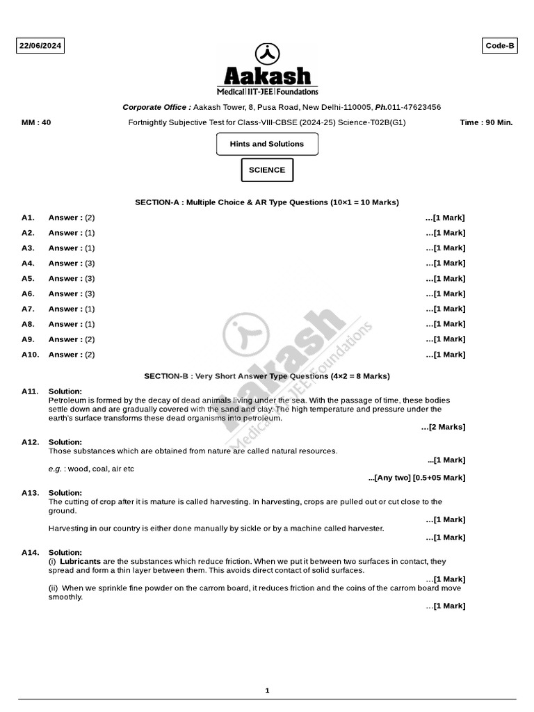 FST-2B (CBSE - G-1) Science (C-08) (22-06-2024) - SOL | PDF