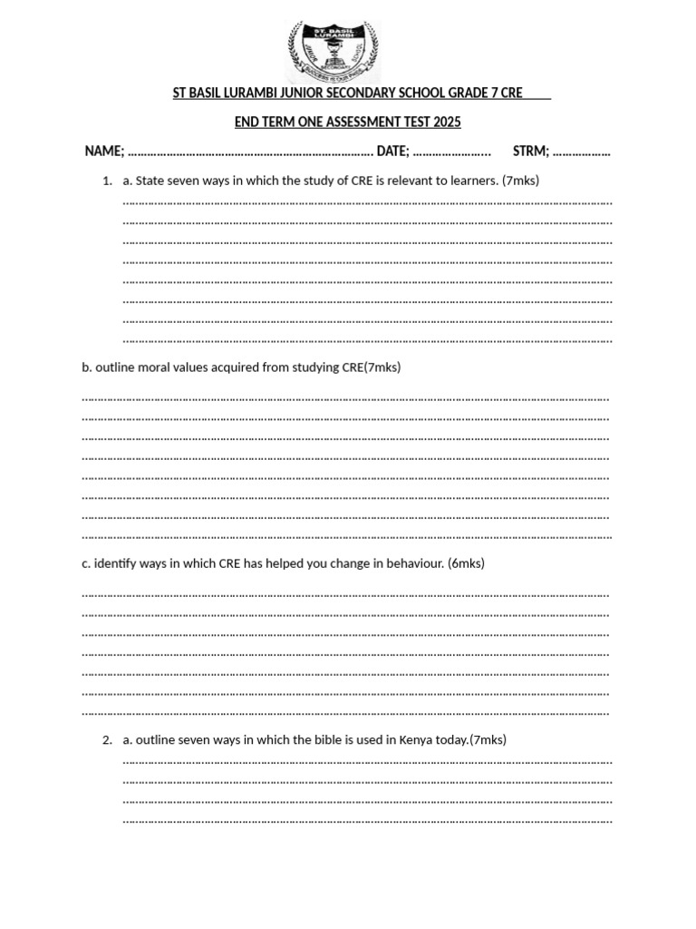 ST BASIL LURAMBI JUNIOR SECONDARY SCHOOL GRADE 7 CRE | PDF