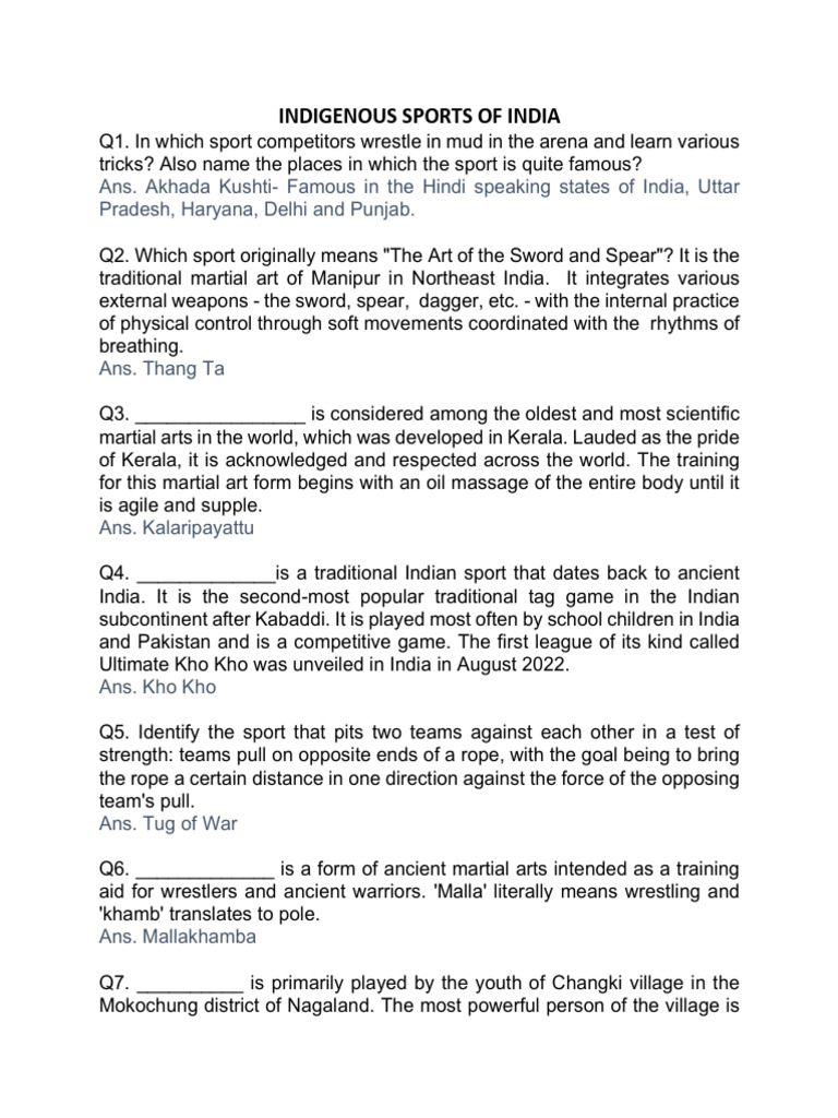Indigenous Sports of India Explained | PDF | Sports