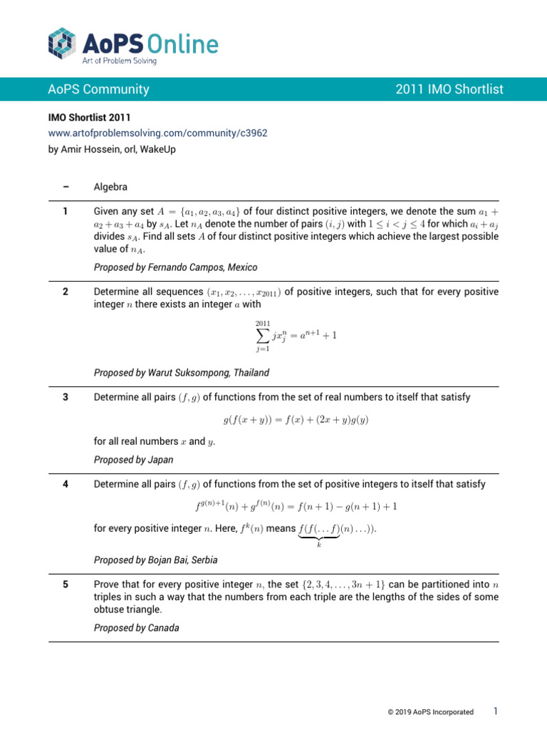 2011 IMO Shortlist Problems Overview | PDF | Triangle | Circle