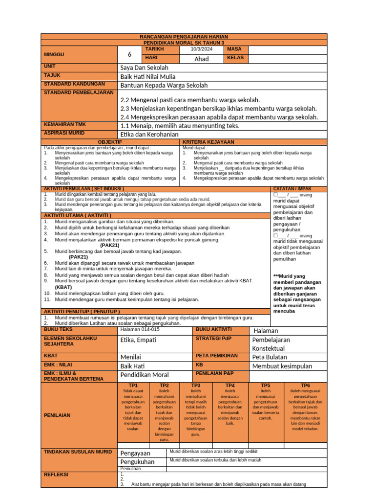 M6 RPH Pendidikan Moral THN 3 2024-2025 by Cikgu Gorgeous | PDF