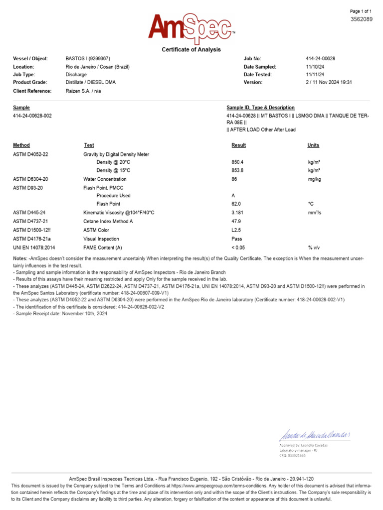 TQ 08E - CoA-414-24-00628-002-V2-Distillate - DIESEL - DMA | PDF