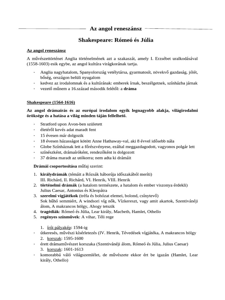 Shakespeare, Rómeó És Júlia, Az Angol Reneszánsz | PDF