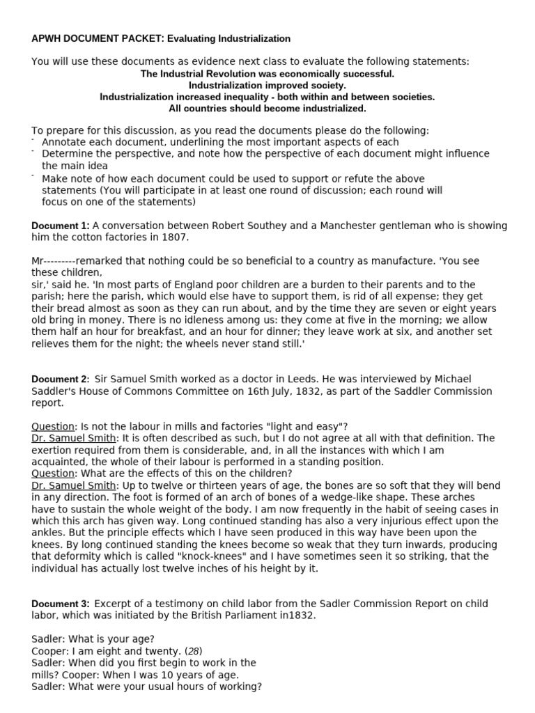 APWH Industrialization Document Packet | PDF | Labour Economics | Economies