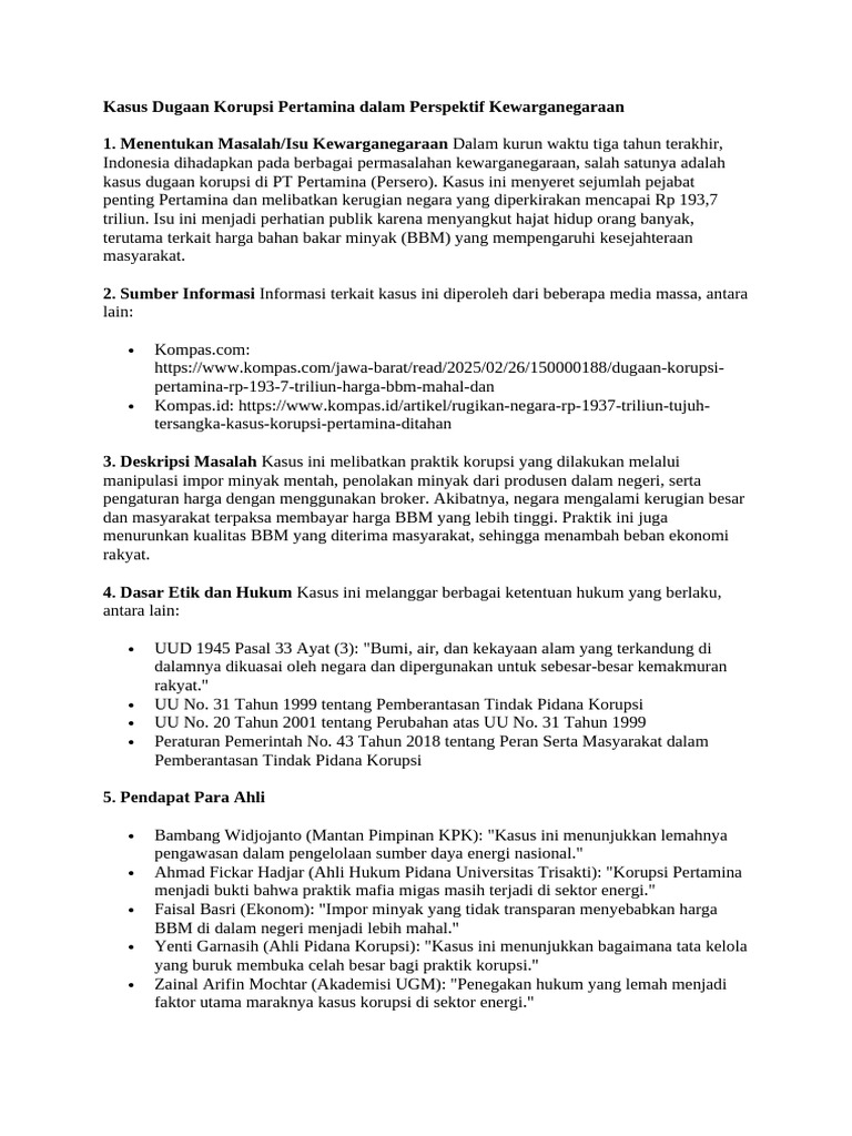 Kasus Dugaan Korupsi Pertamina dalam Perspektif Kewarganegaraan | PDF