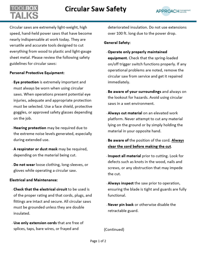 Circular Saw Safety Guidelines | PDF | Personal Protective Equipment ...