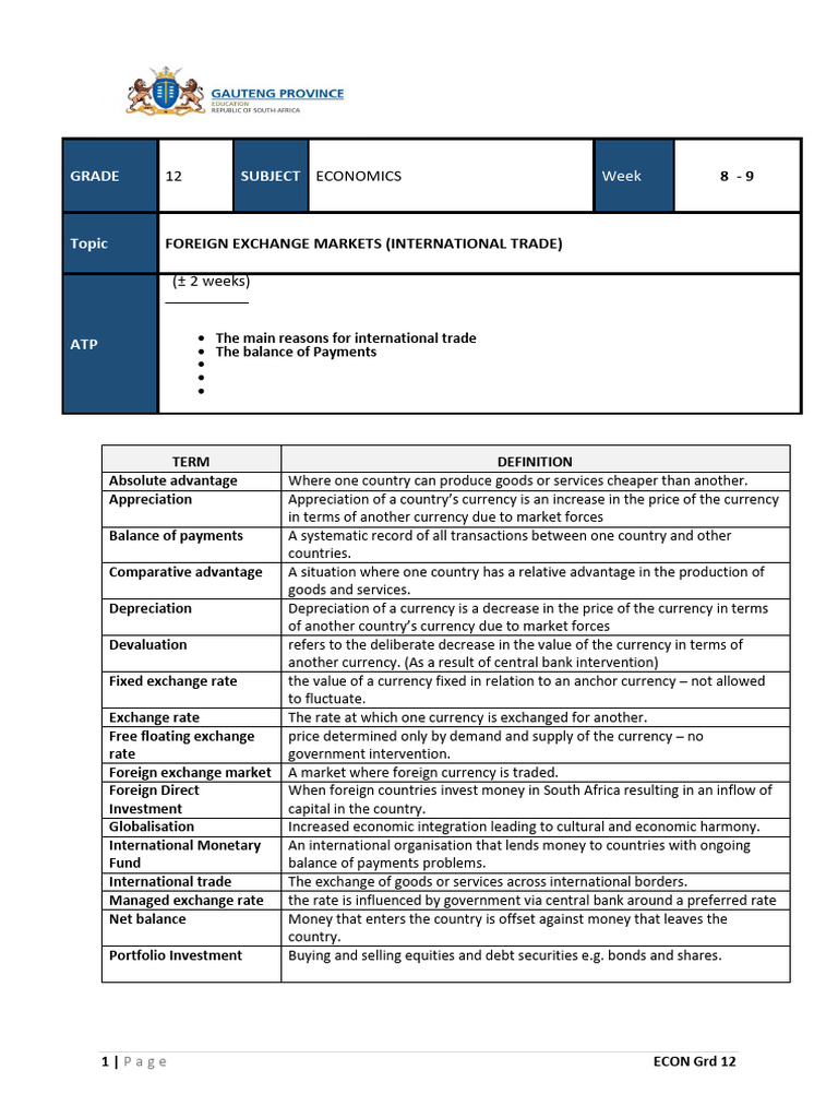ECONOMICS Grade 12 Term 1 Week 8 and 9 2021 | PDF | Exchange Rate ...