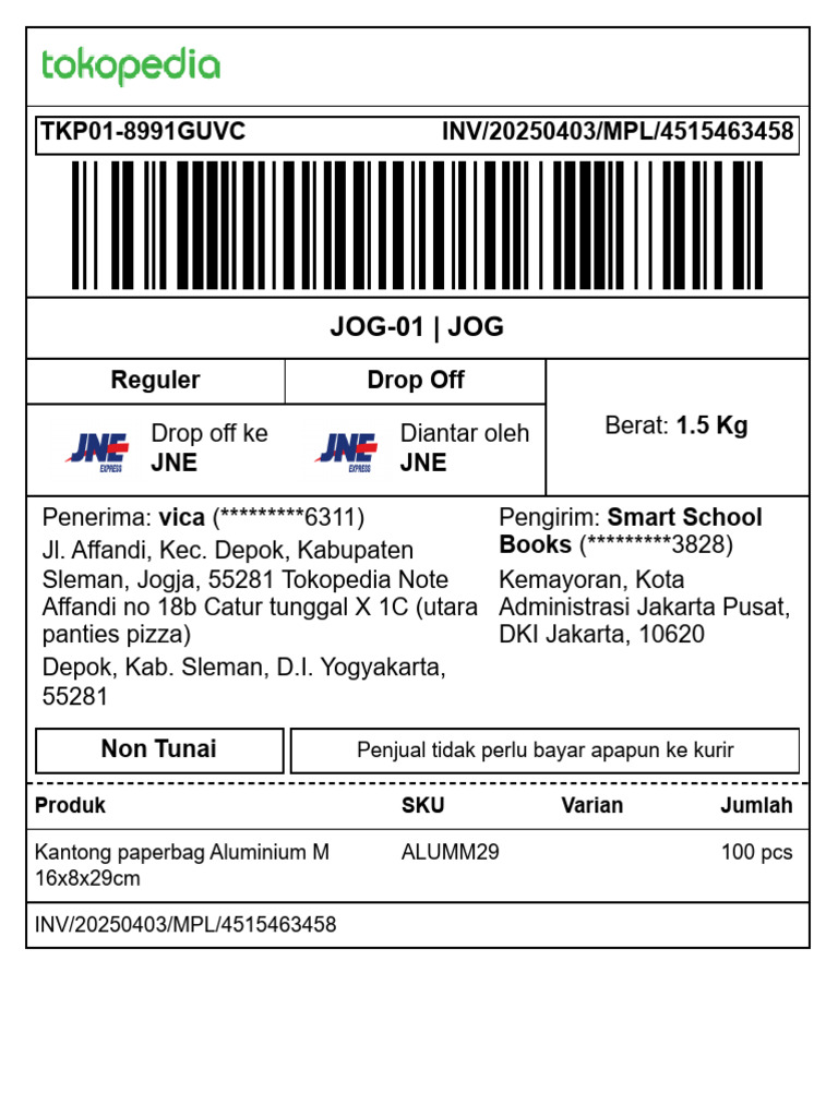 Aluminium M (100pcs) - JNE Reguler | PDF