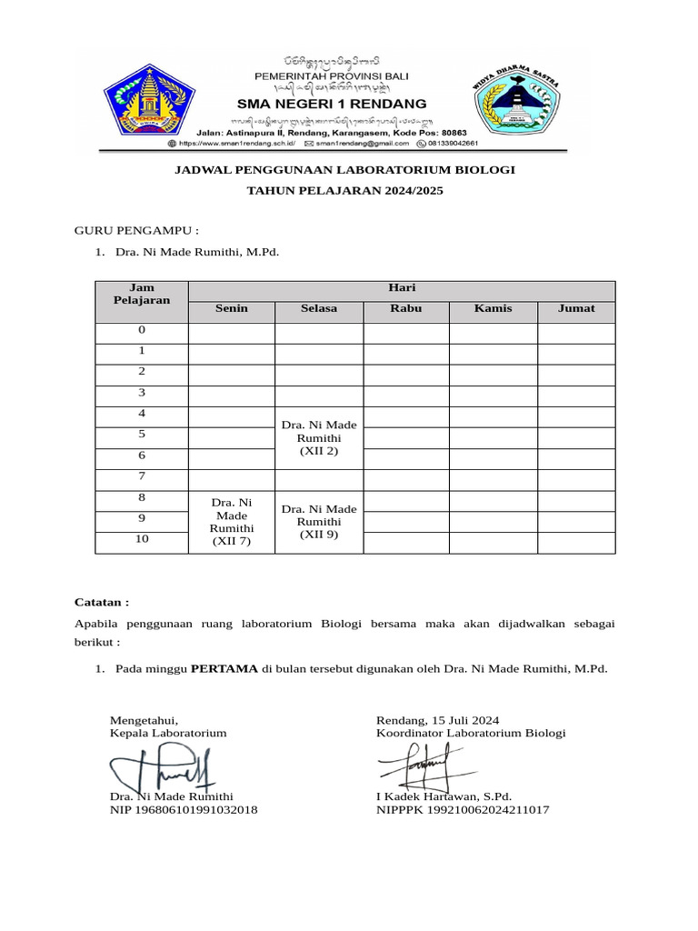 7a. JADWAL PENGGUNAAN LABORATORIUM BIOLOGI Per Guru | PDF