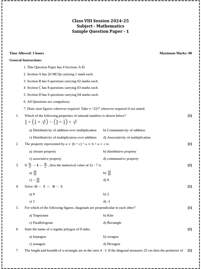 Class V III Session 202 4 - 25 Maths Sample Paper Set-1 | PDF | Area ...