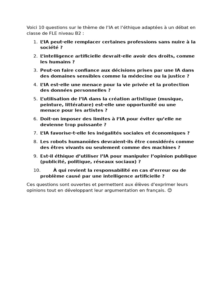 Questions éthiques sur l'IA en FLE B2 | PDF
