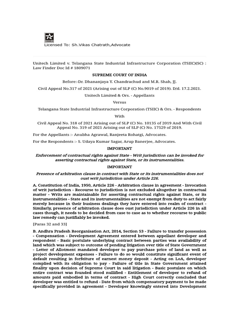 Unitech Limited v. Telangana State Industrial Infrastructure Corporation (TSIIC) (SC) | PDF ...