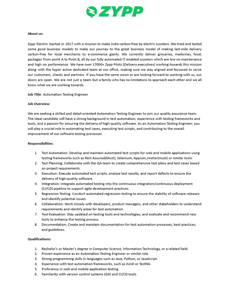 Automation Testing Engineer Job at Zypp Electric | PDF | Software ...