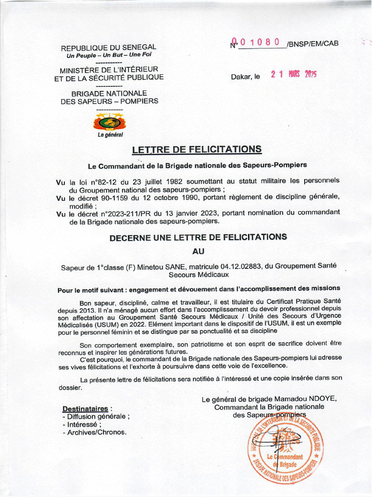 Lettre de Felicitations #1080 Du 21.03.2025 CNT 1CL Minetou Sane | PDF