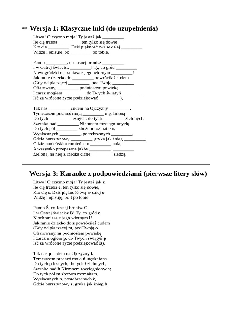 Ćwiczenia Inwokacja Pan Tadeusz | PDF