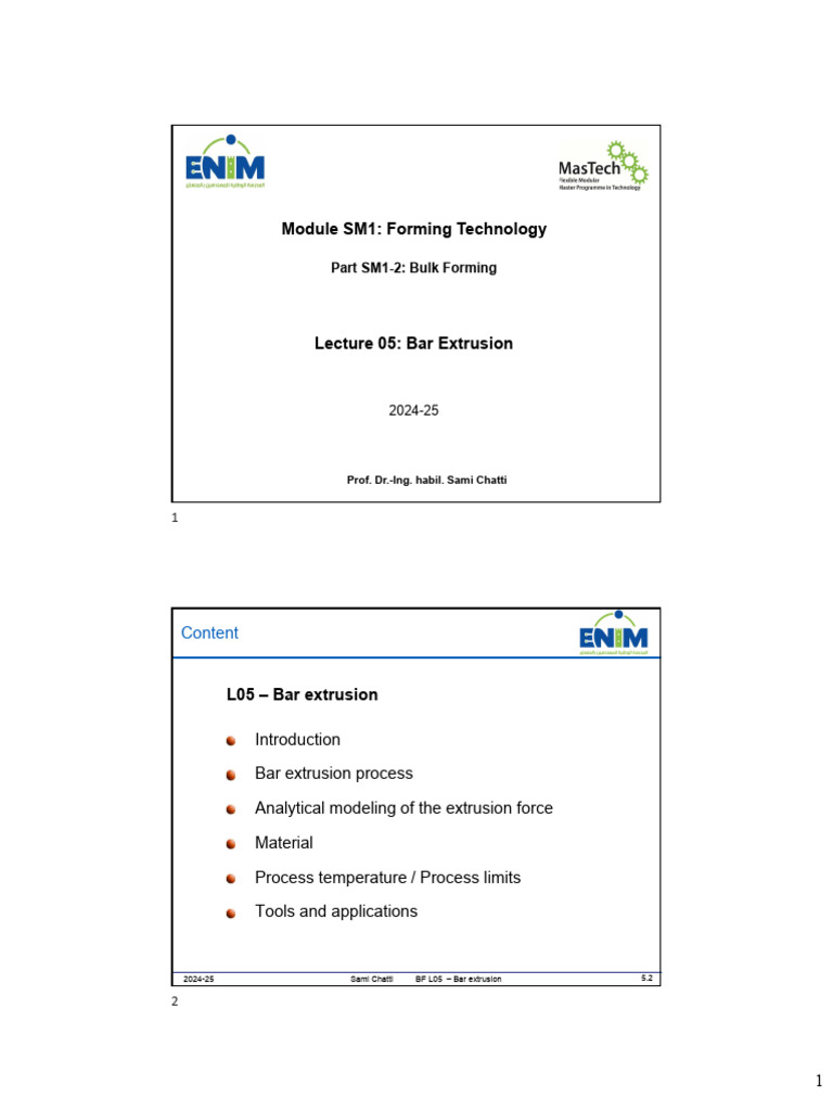 L05 - Bar Extrusion - ENIM 2024-25 | PDF | Extrusion | Alloy