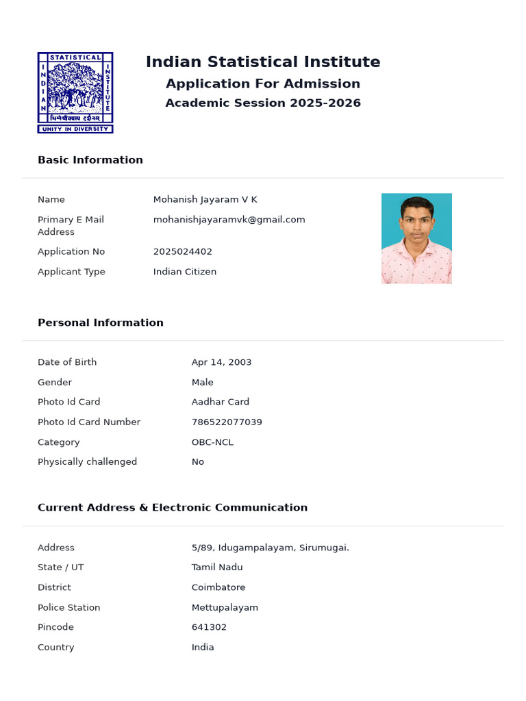 ISI Admission Application 2025-2026 | PDF